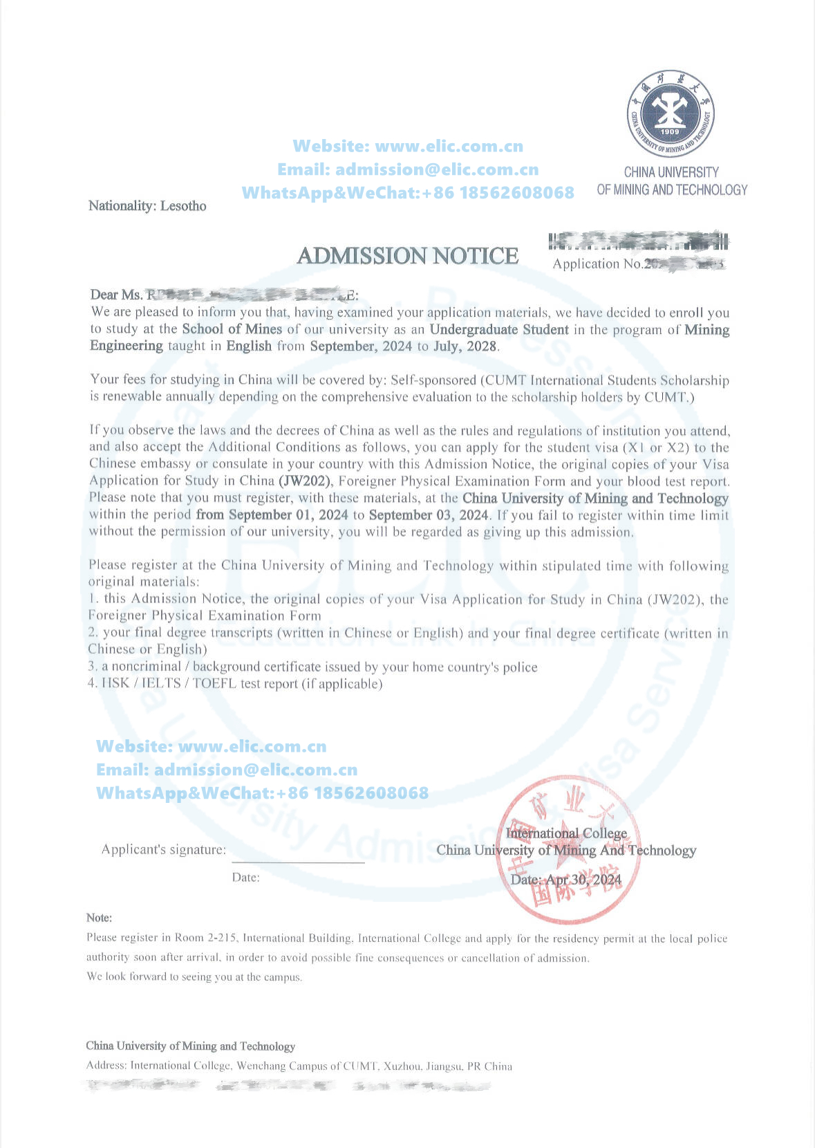 ELIC ADMISSION from China University of Mining and Technology
